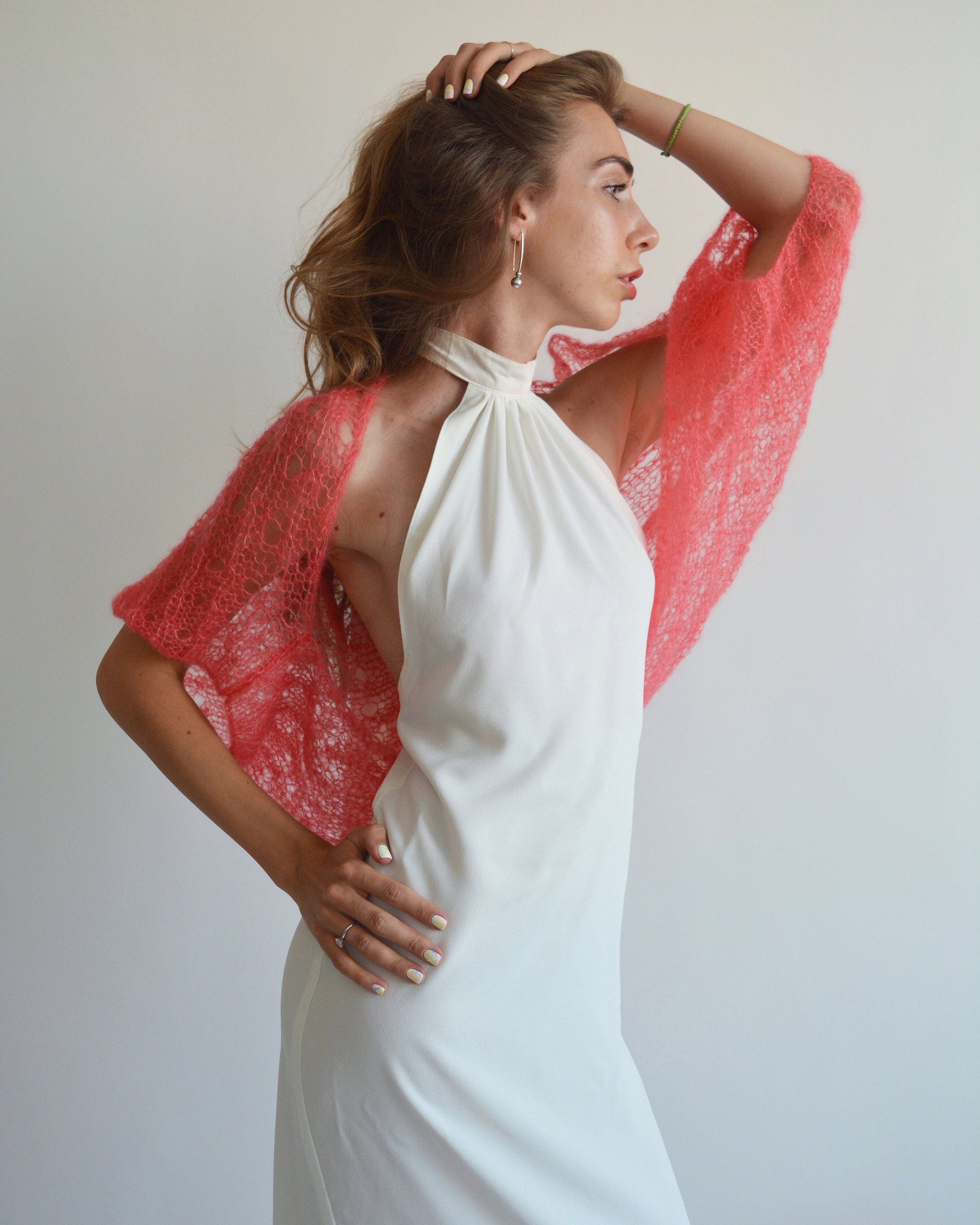 Coral Silk Mohair Shawl, Wedding Bolero Shrug, Bridal Knitted Shawl ...