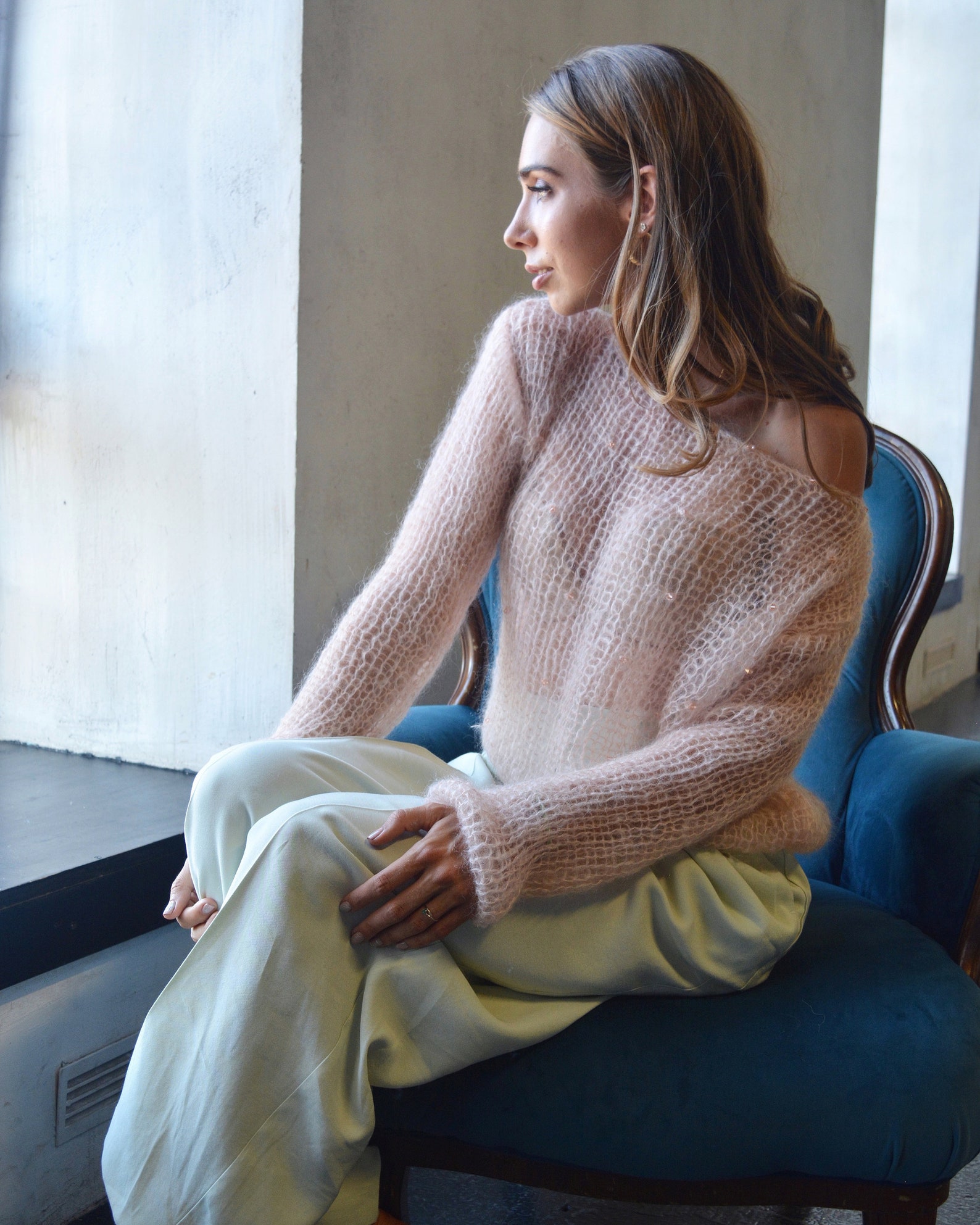 Beige Mohair Embroidered Sweater Light Chic Sweater Embellished Loose ...