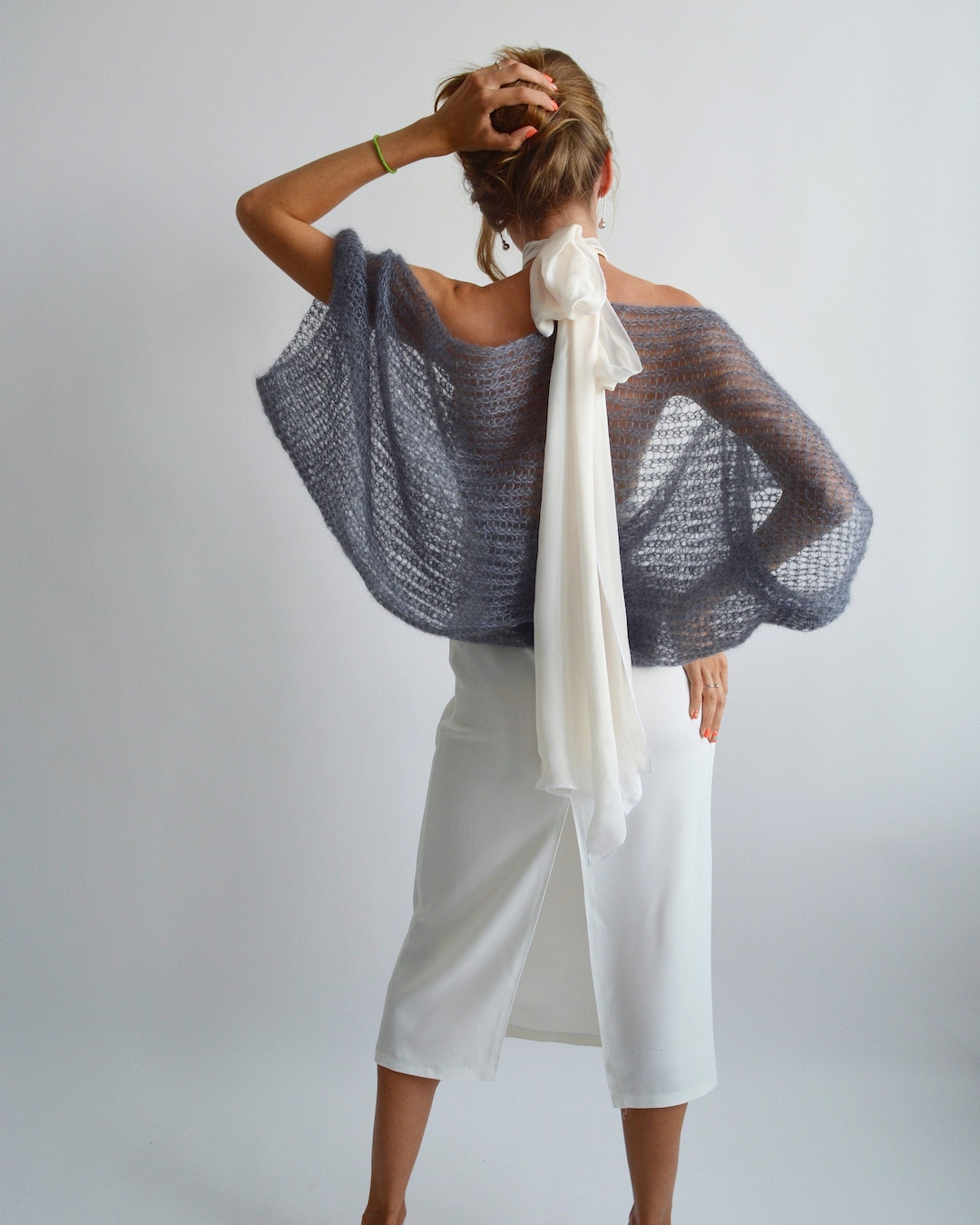 Dark Gray Silk Mohair Shawl , Bridal Light Shrug, Wedding Knitted Shawl ...
