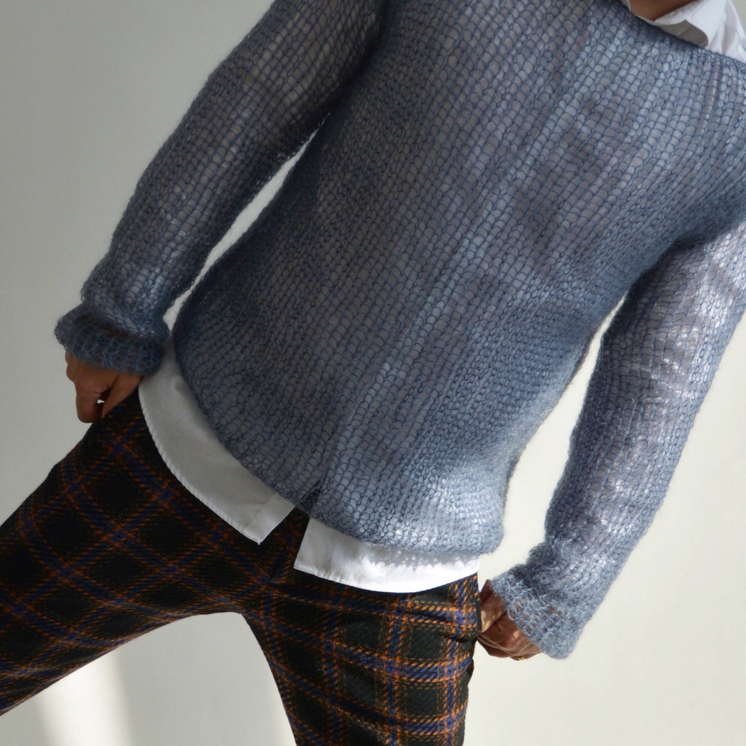 Blue Gray Mens Sweater Handmade Mohair Sweater Knitted Basic Men's ...