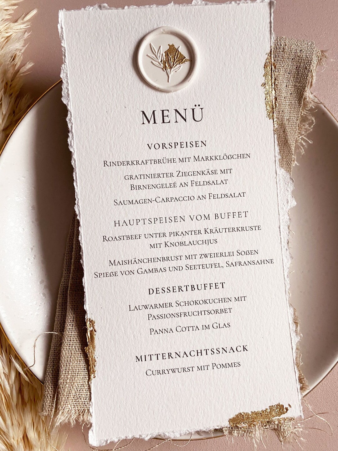 Menükarte Mit Siegel Weiß, Goldfarbene Verzierung - Etsy