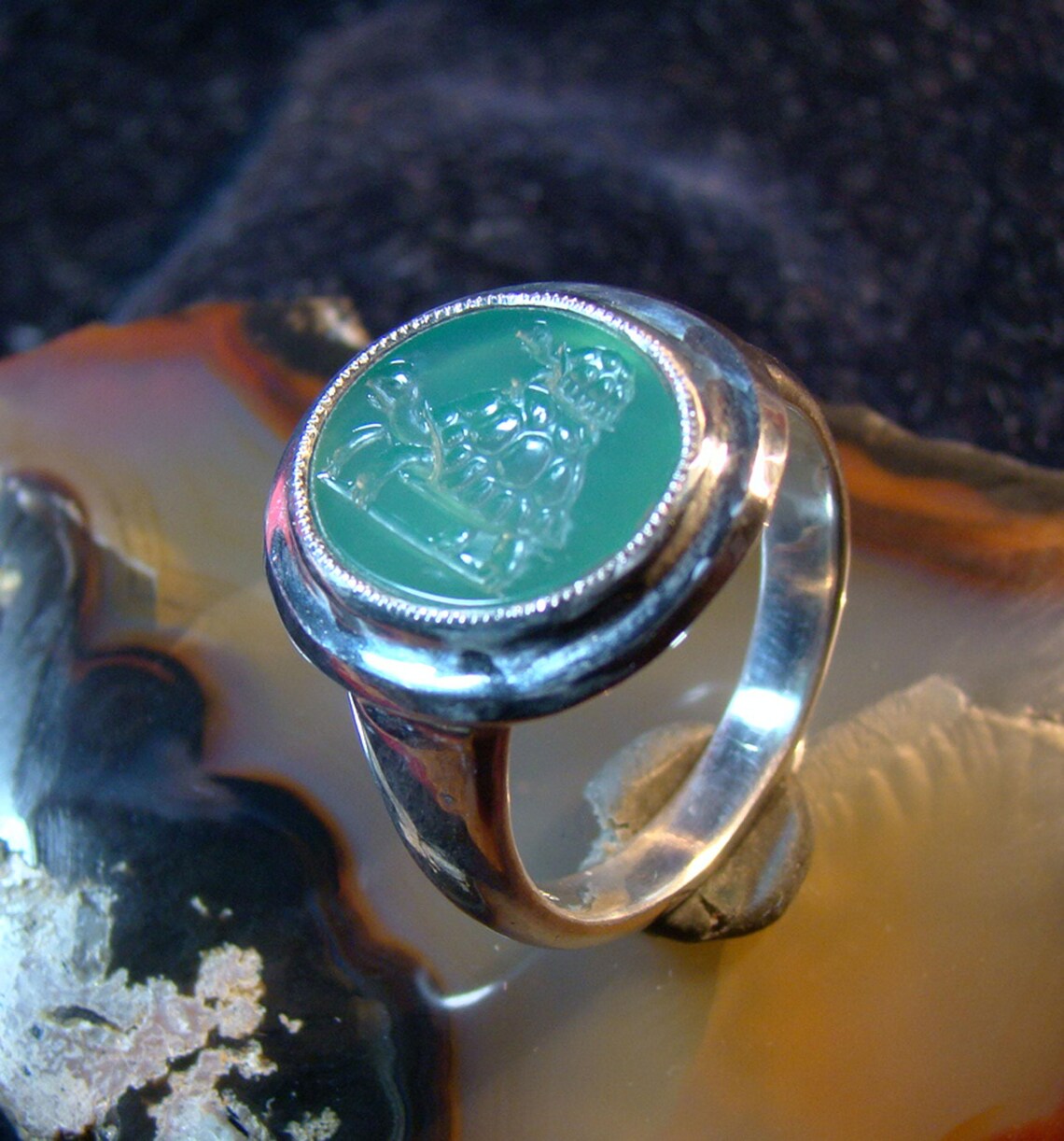 Unique Green Agate Intaglio Seal Ring Handmade With Turtles. - Etsy