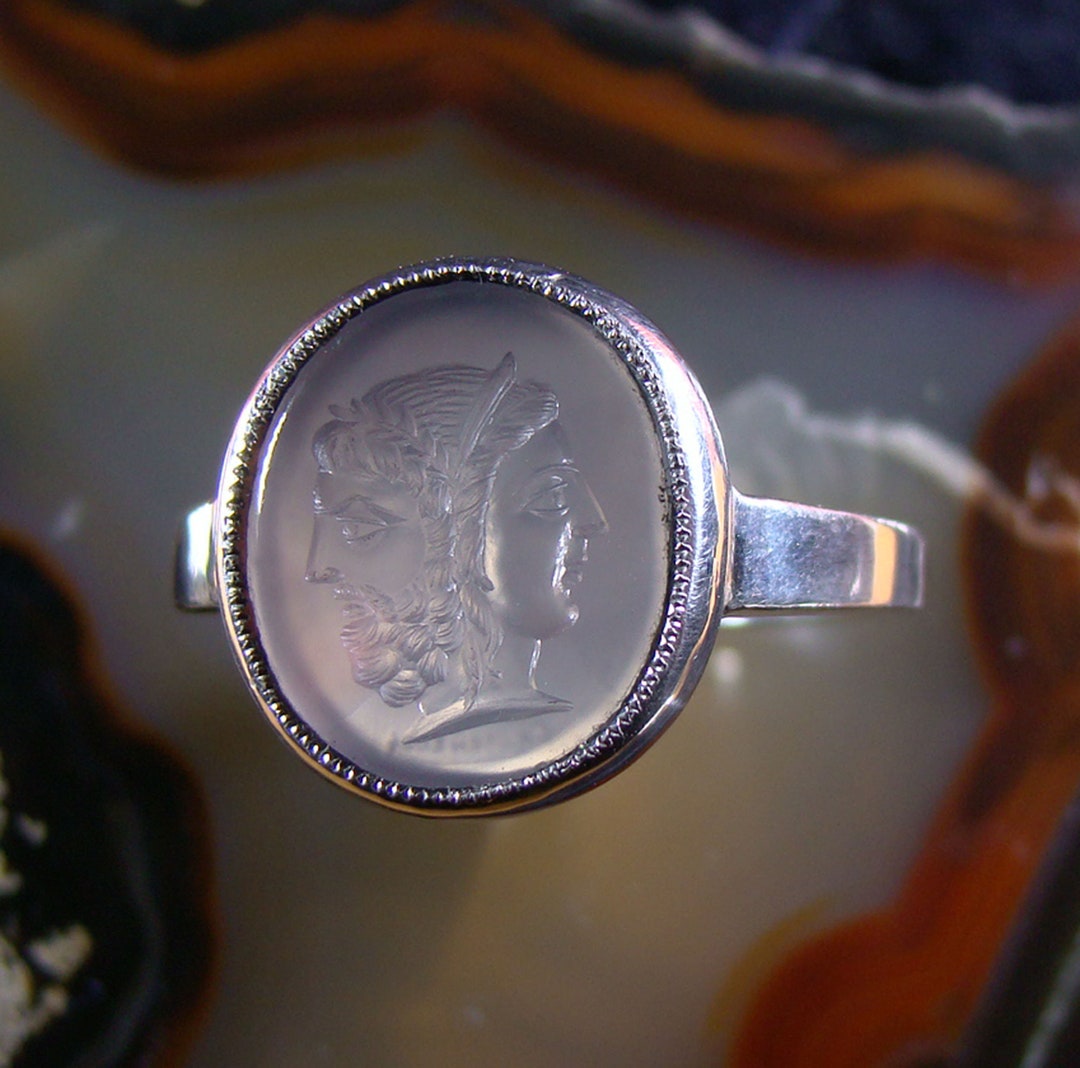 Chalcedony Intaglio Seal Ring Handmade With Zeus and Hera. Unique. - Etsy