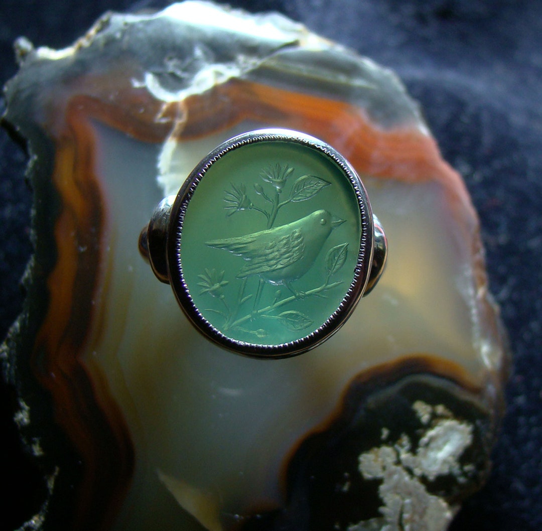 Unique Green Agate Intaglio Seal Ring Handmade With Bird. - Etsy