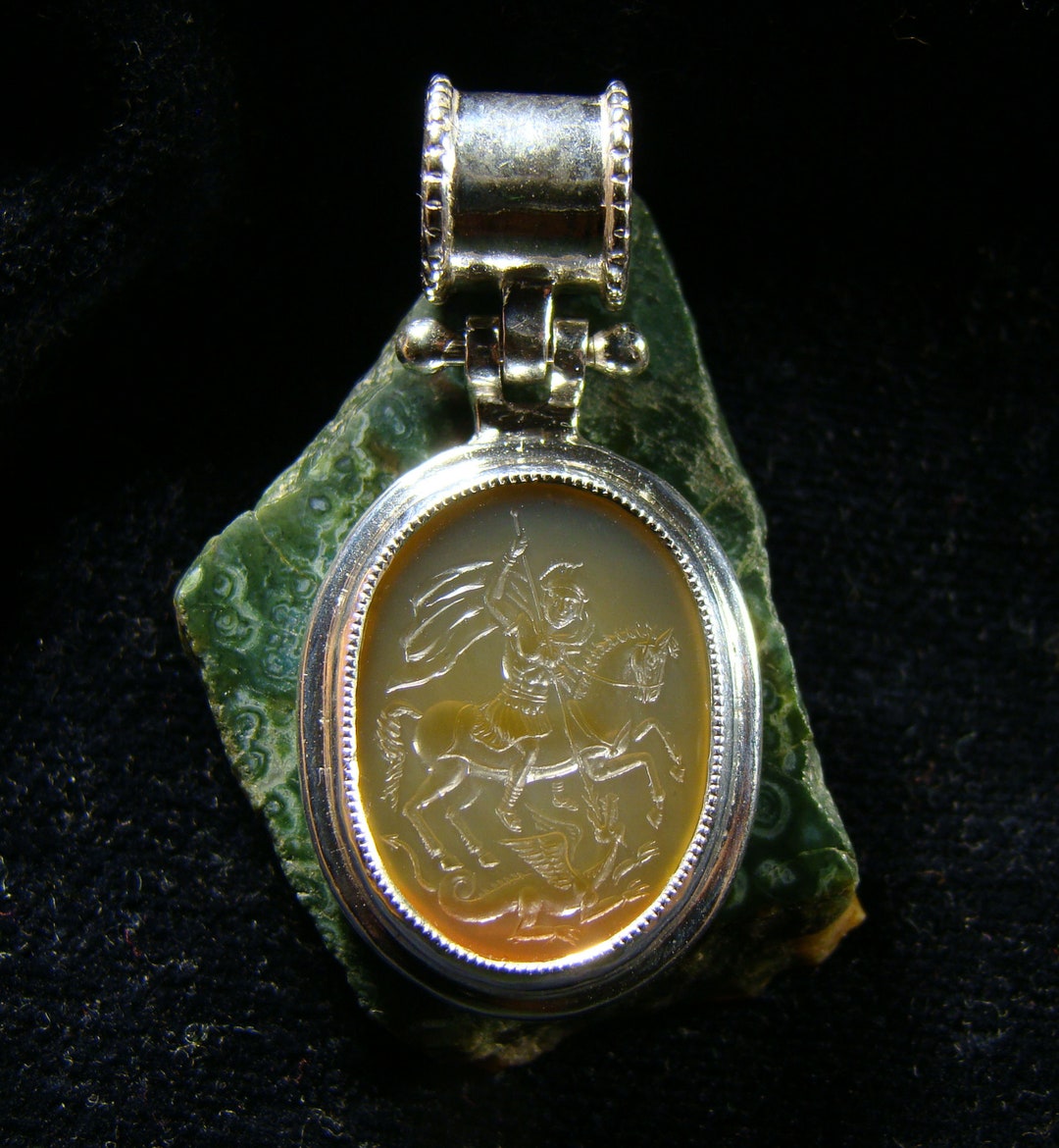 Chalcedony Intaglio Pendant Handmade With St. George. Unique - Etsy
