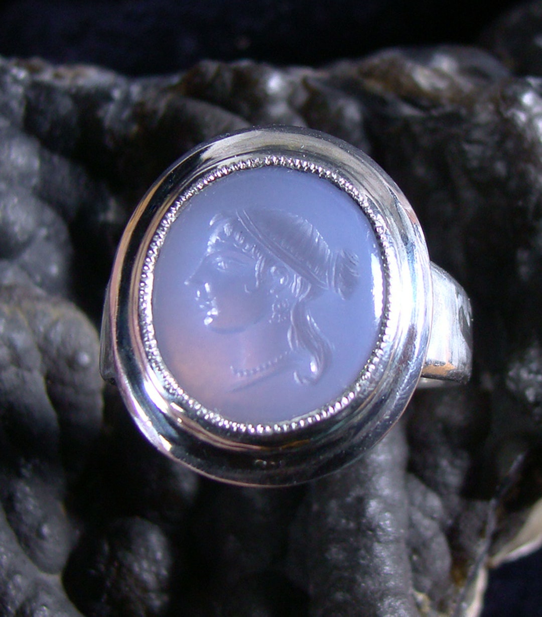 Blue Chalcedony Intaglio Seal Ring Handmade With Female Portrait ...
