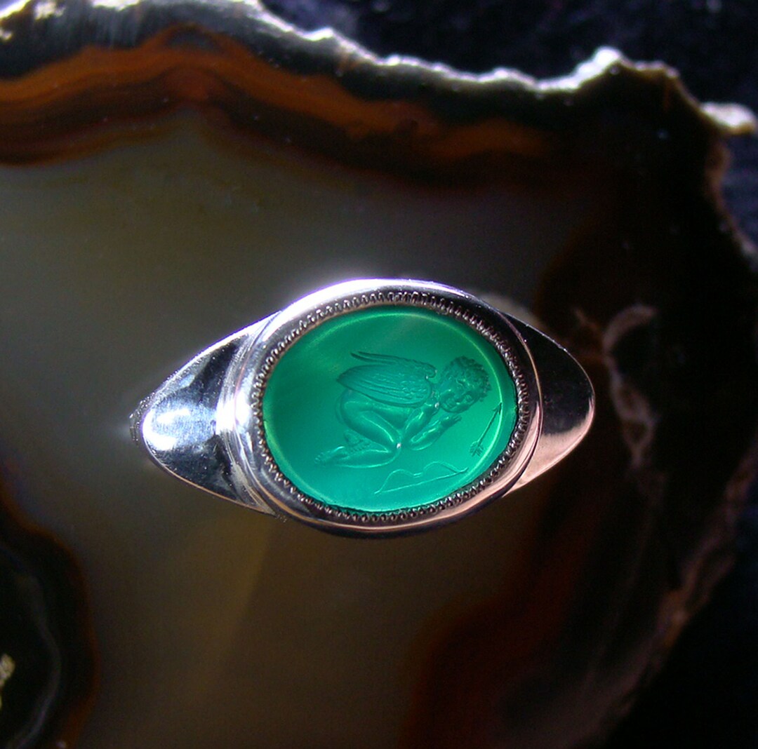 Unique Green Agate Intaglio Seal Ring Handmade With Sleeping Eros. - Etsy