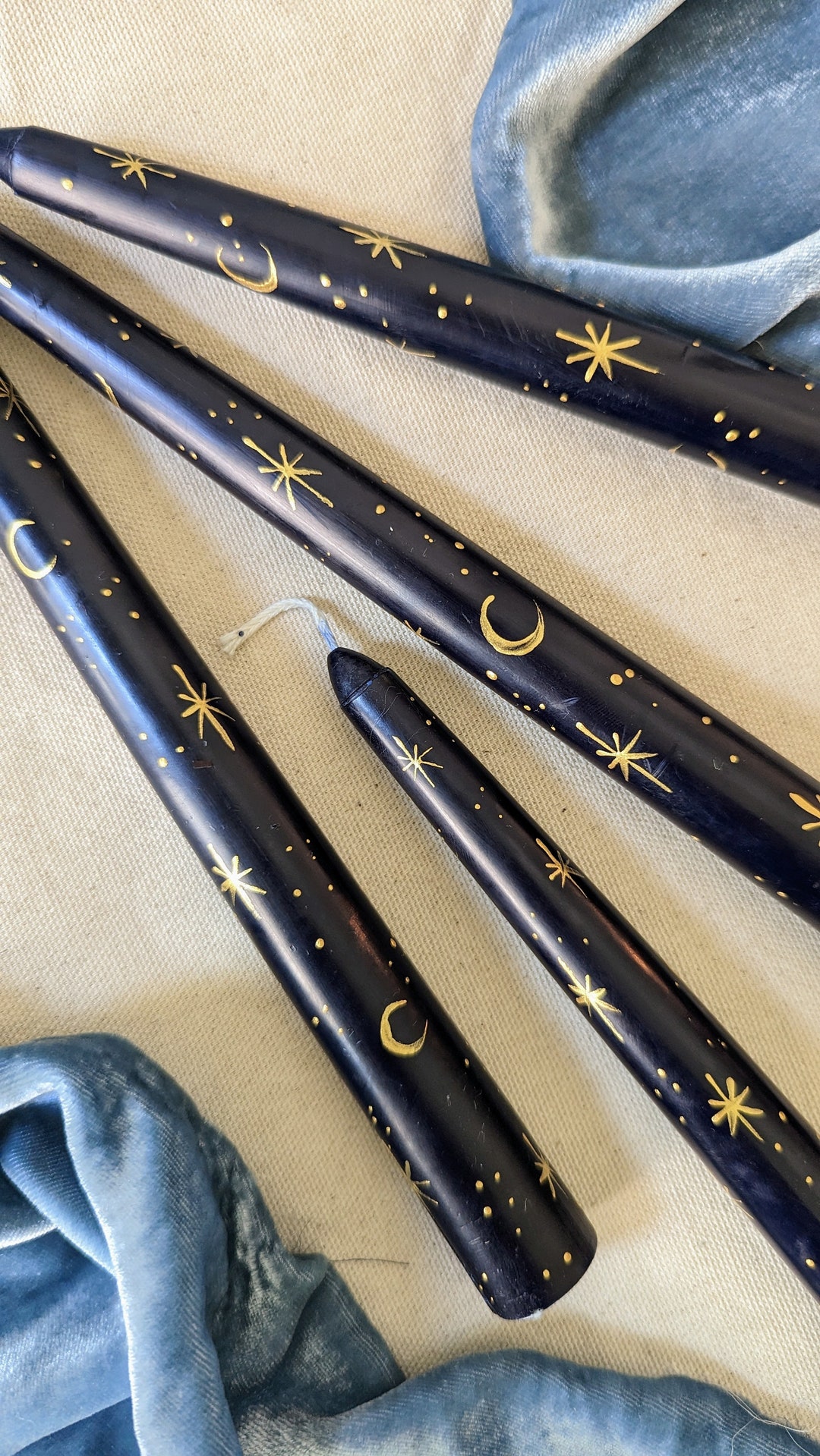 Hand Painted Taper Candle Dark Blue With Gold Moon and Stars Design ...