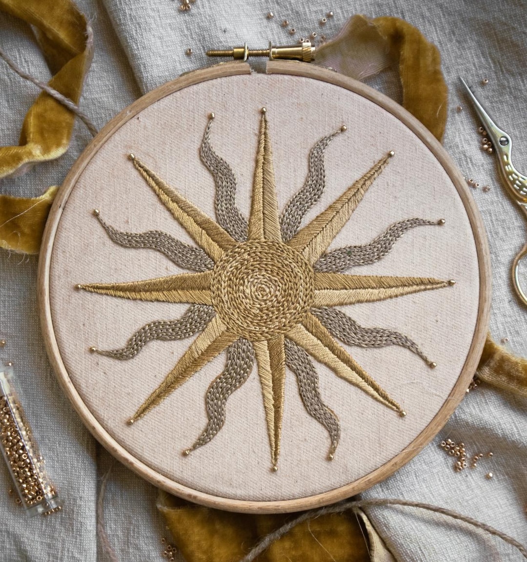 Golden Sun Embroidery Kit for Beginners - Modern Summer Solstice Design ...