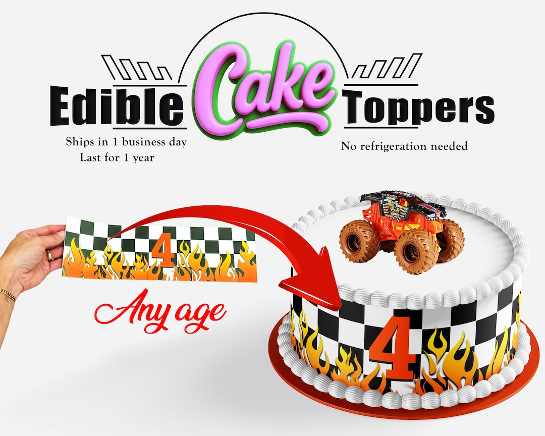 Monster Truck Edible Cake Topper Wrap – Checkered Flag & Flames Design ...