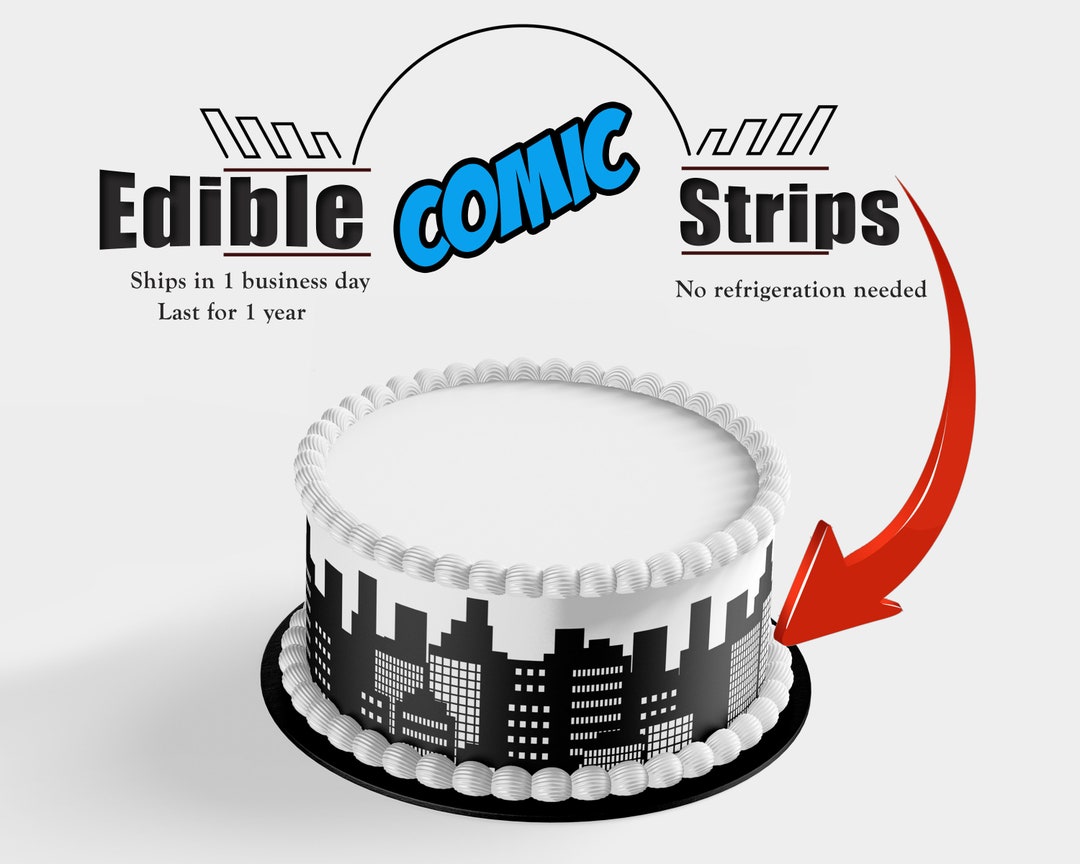 Edible Black and White Comic Book City Buildings Cake Wraps and Strips ...
