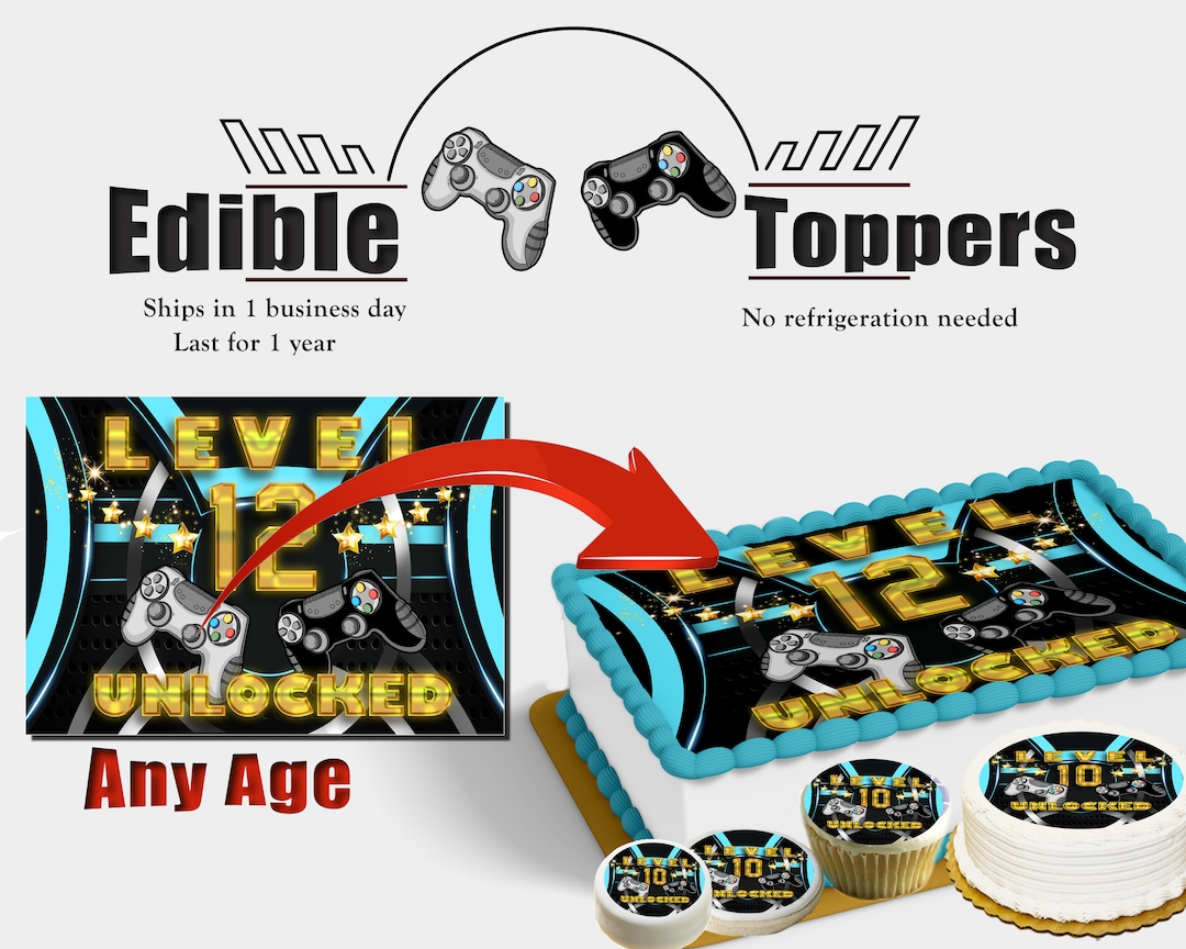 Blue Level Unlocked Gamer Edible Picture for Cakes, Cupcakes, Cookies ...
