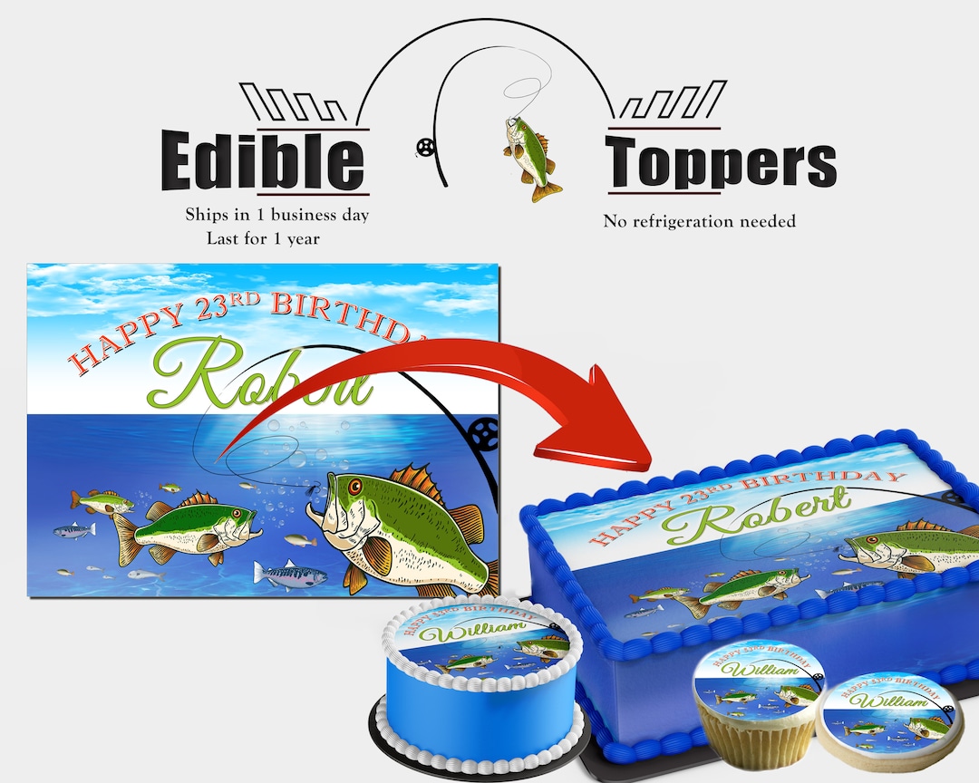 Personalized Fishing Birthday Cake Edible Toppers. for Sheet, Round ...