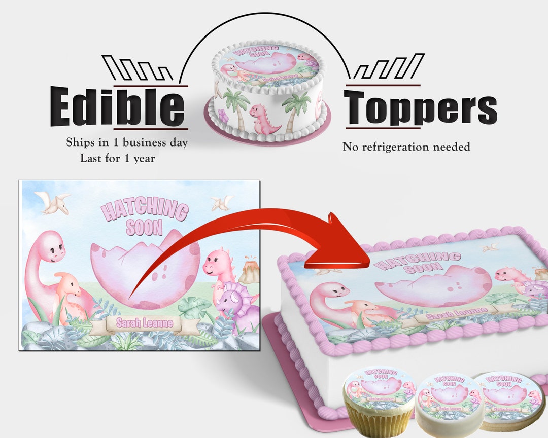 Hatching Soon Girl Dinosaur Edible Picture for Baby Shower Cakes ...