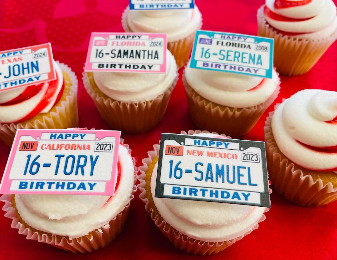 20 Custom License Plates Edible Images. Miniature Sweet 16 Cupcake ...