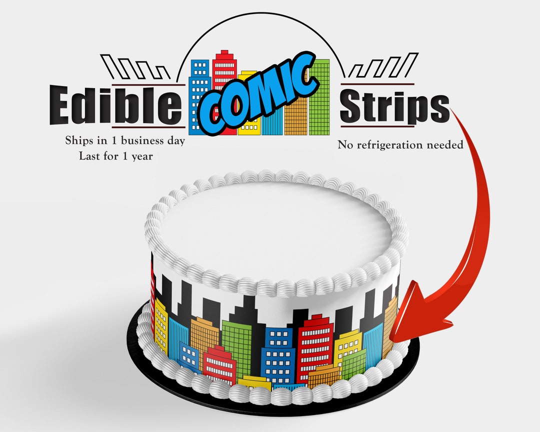 Edible Colored Comic Book City Buildings Cake Wrappers and Strips ...
