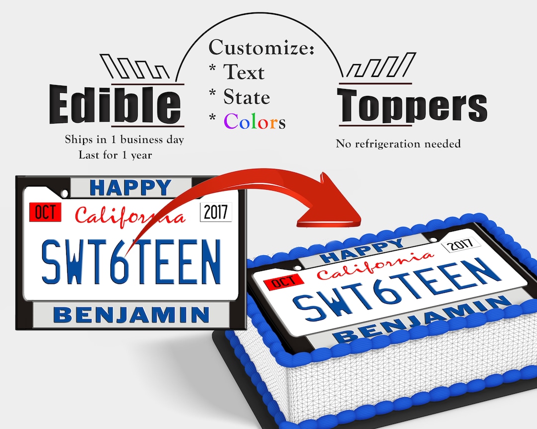 Custom Edible Sweet 16 License Plate Cake Topper Picture. Permit ...