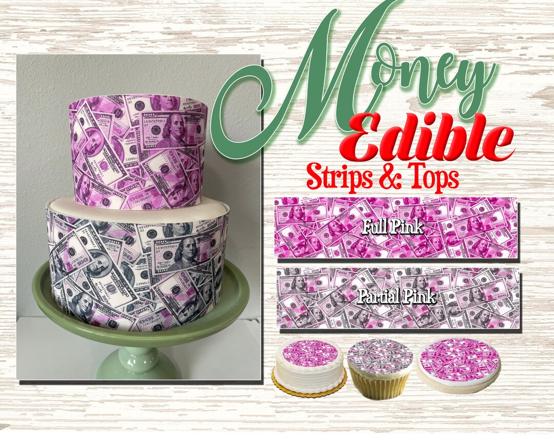 Pink Edible Fake Money Cake Strips Printed on Frosting Paper. One ...