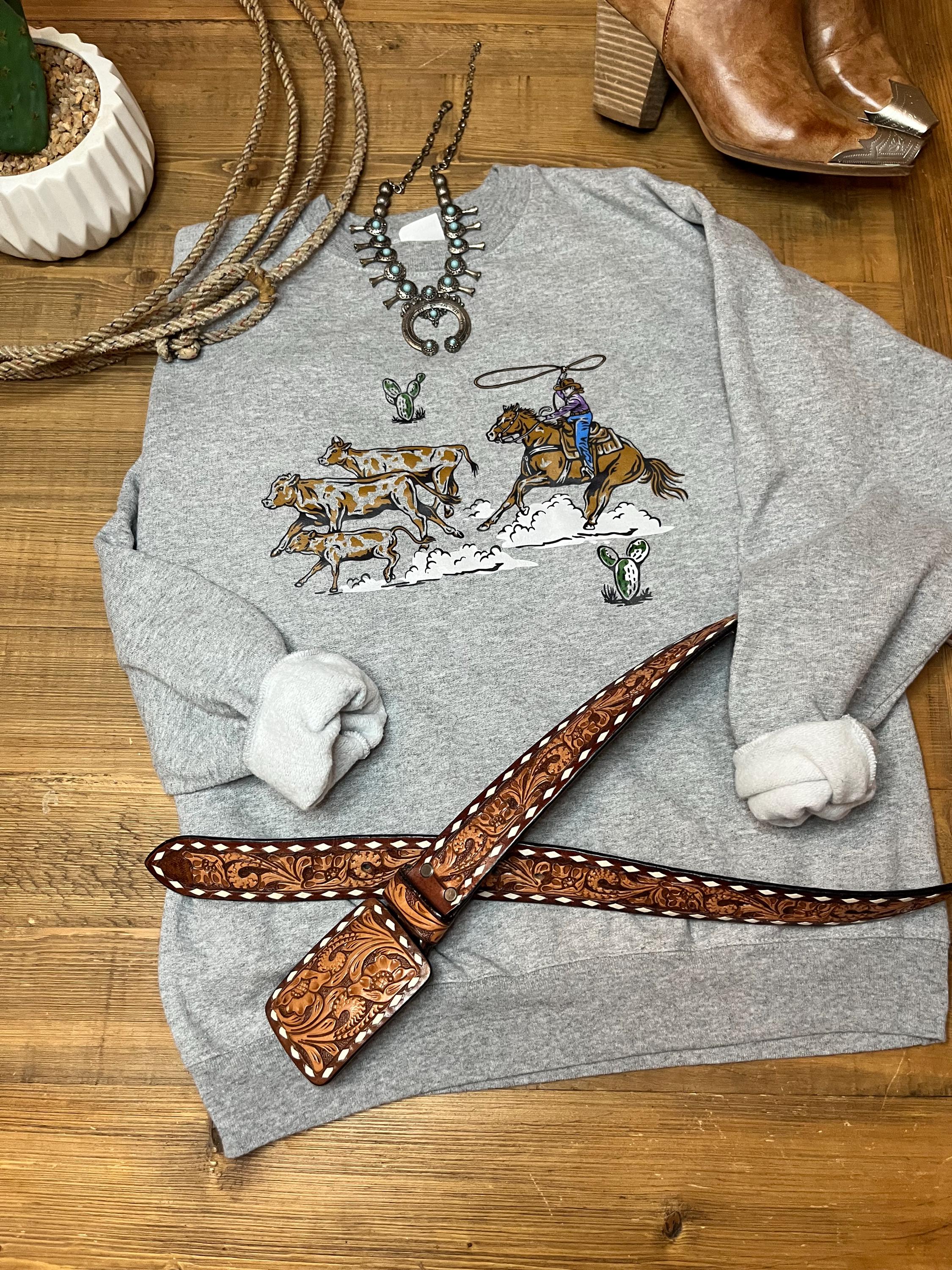 Steer Chasing Crew Neck | Cowboy Print| Western Hoodie| Comfort Wear ...