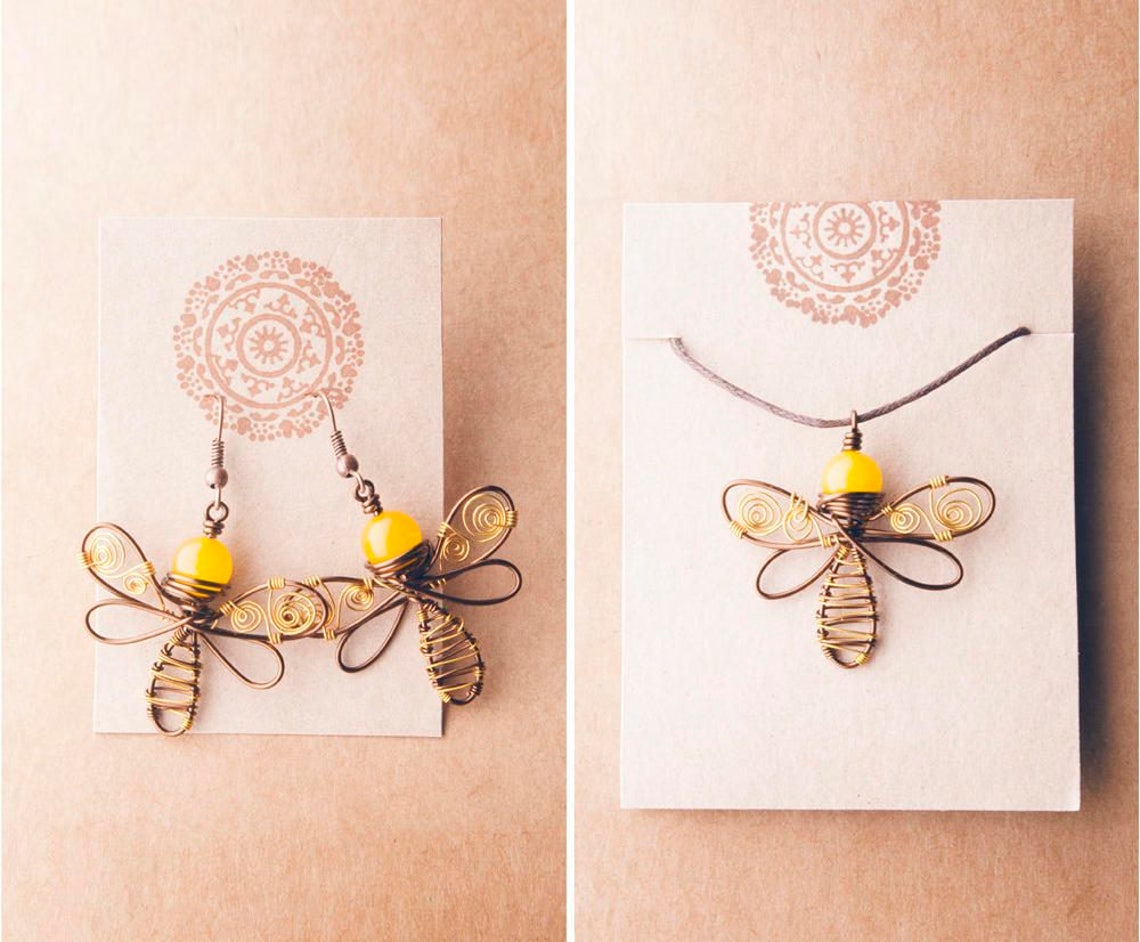 Bee Jewelry Set, Bee Earrings and Necklace, Wire Wrapped Bees, Honey ...