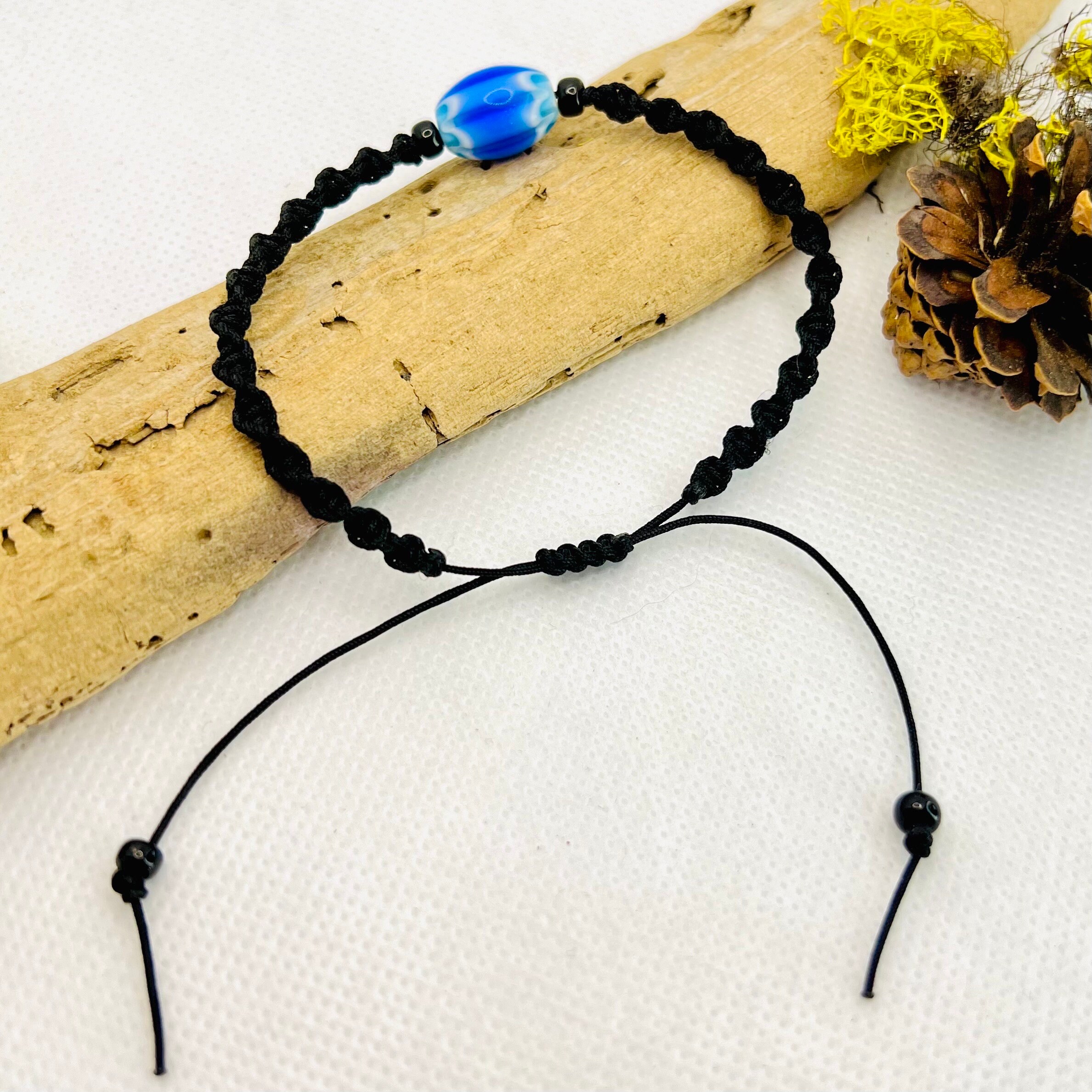 Blue Striped Glass Barrel Bead Macrame Bracelet, Adjustable - Etsy