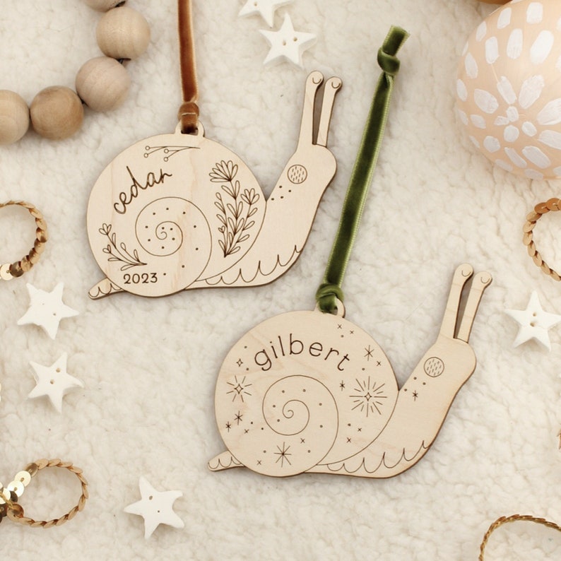 Personalized Wooden Snail Christmas Ornament • Custom Name Woodland ...
