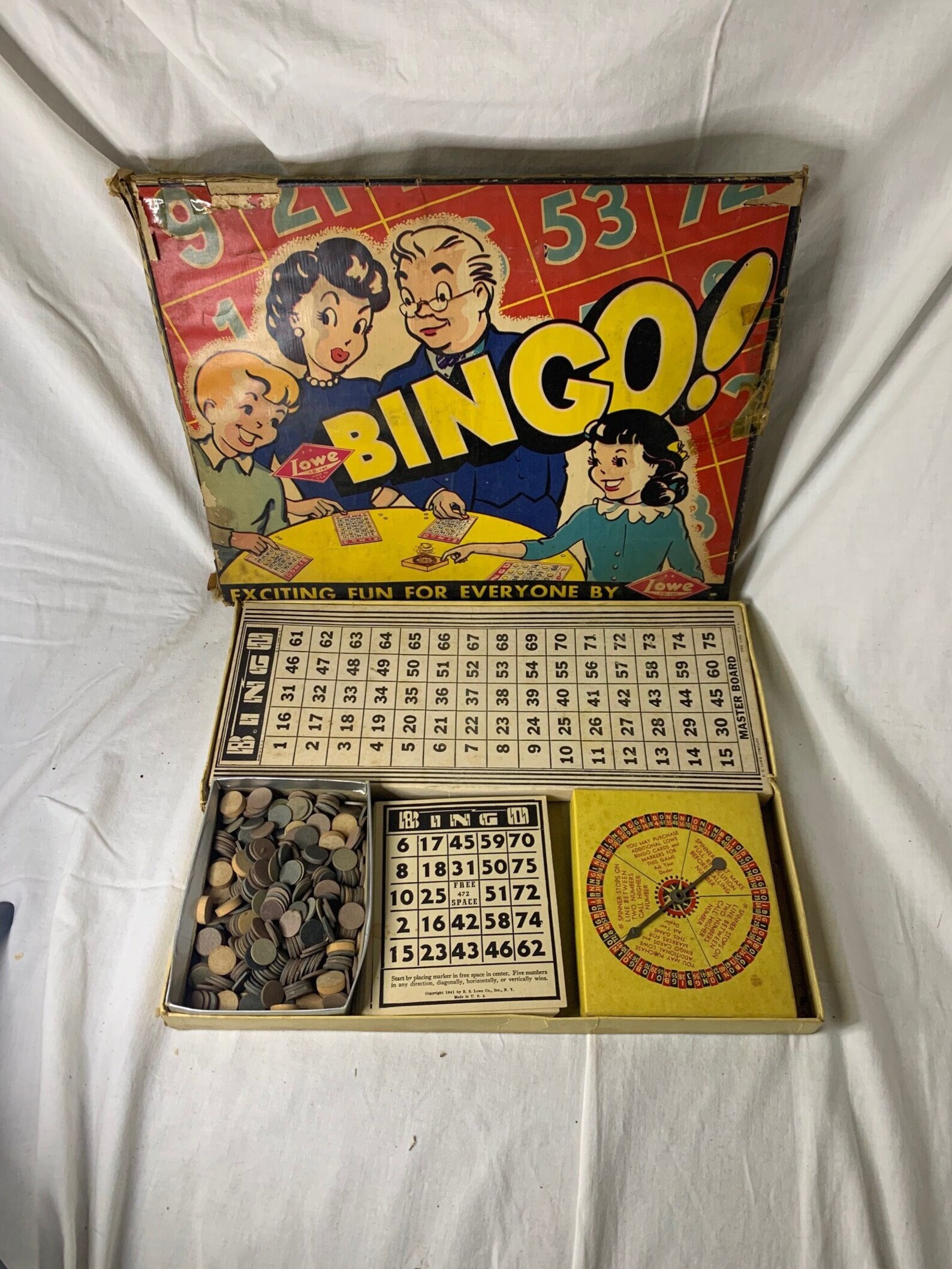 Vintage E.S. Lowe Co. Bingo Board Game 1941 25 Cards Markers and ...