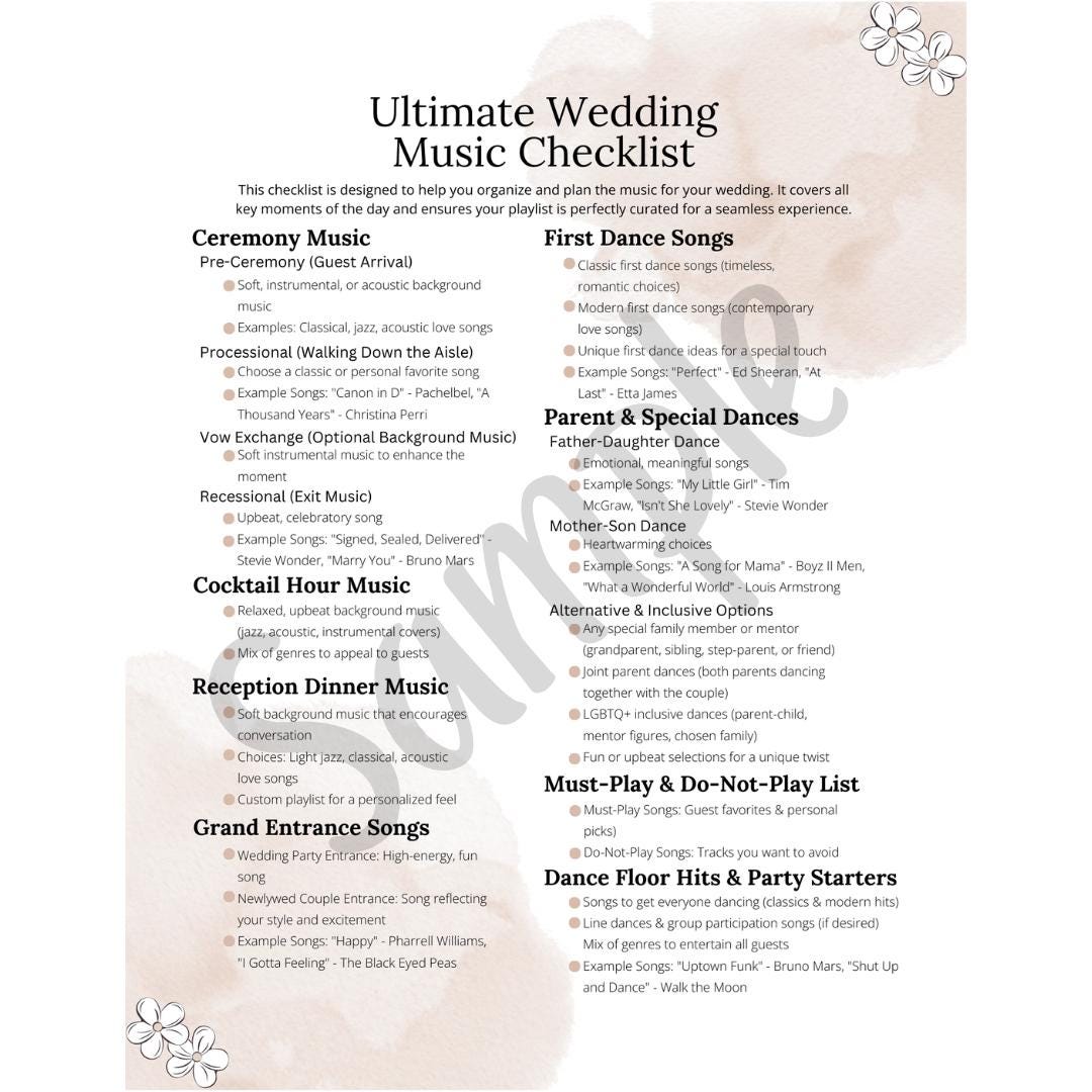 Wedding Music Checklist: Ultimate Song Planner (PDF Download) - Etsy