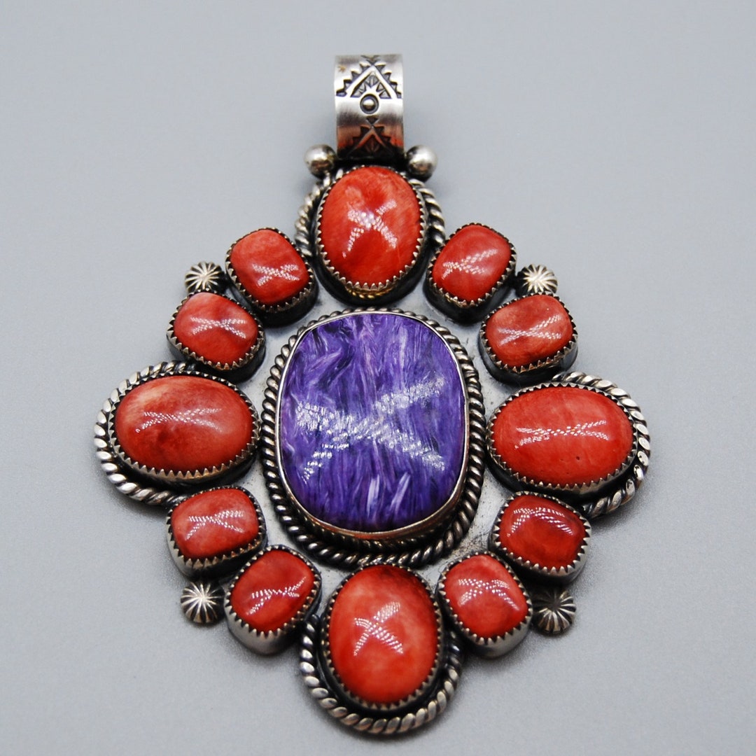 Sterling Silver Red Spiny Oyster & Charoite Pendant - Eli Gofman - Etsy