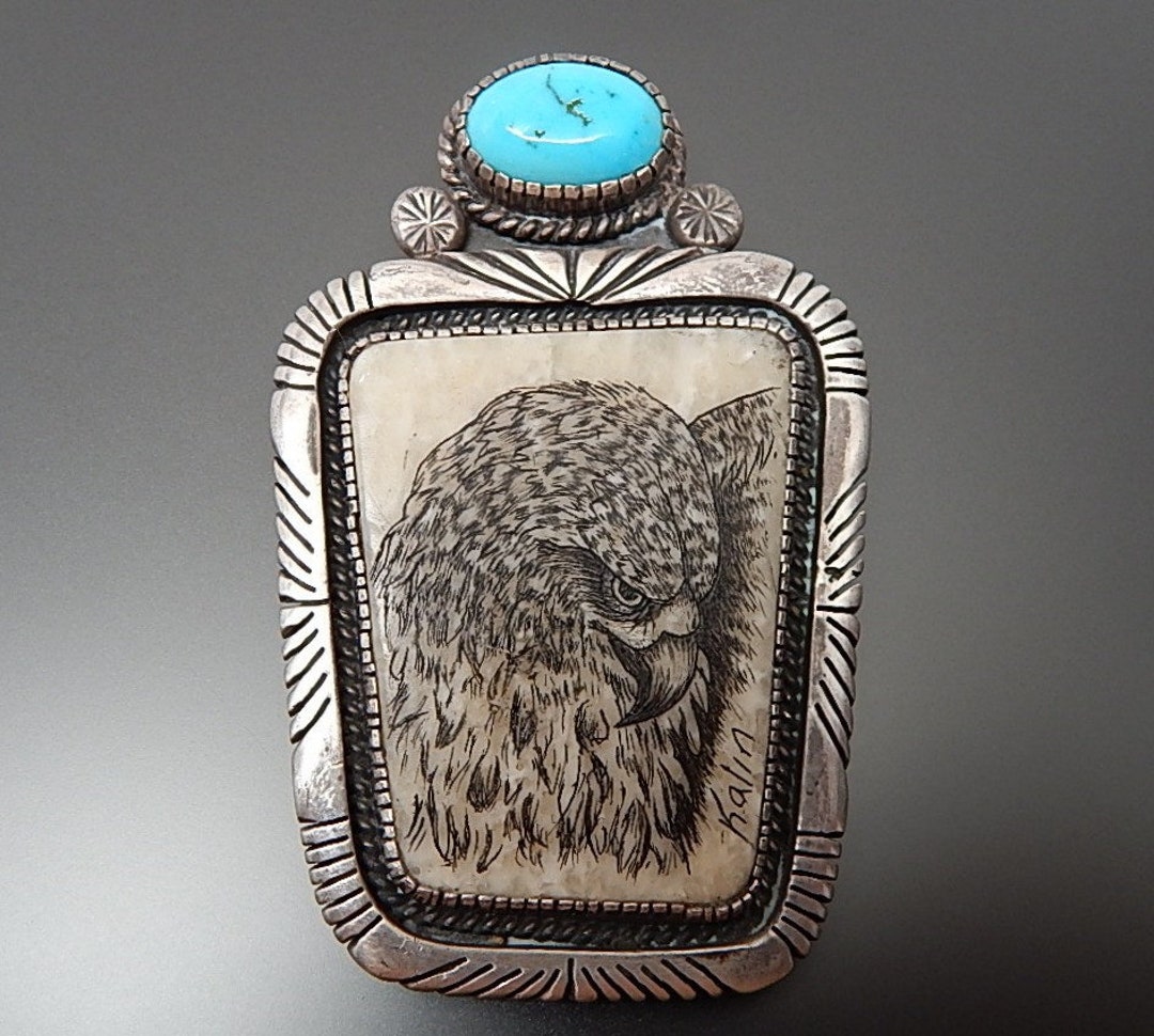 Native American L. Maloney Navajo Silver Turquoise Petrified Walrus ...
