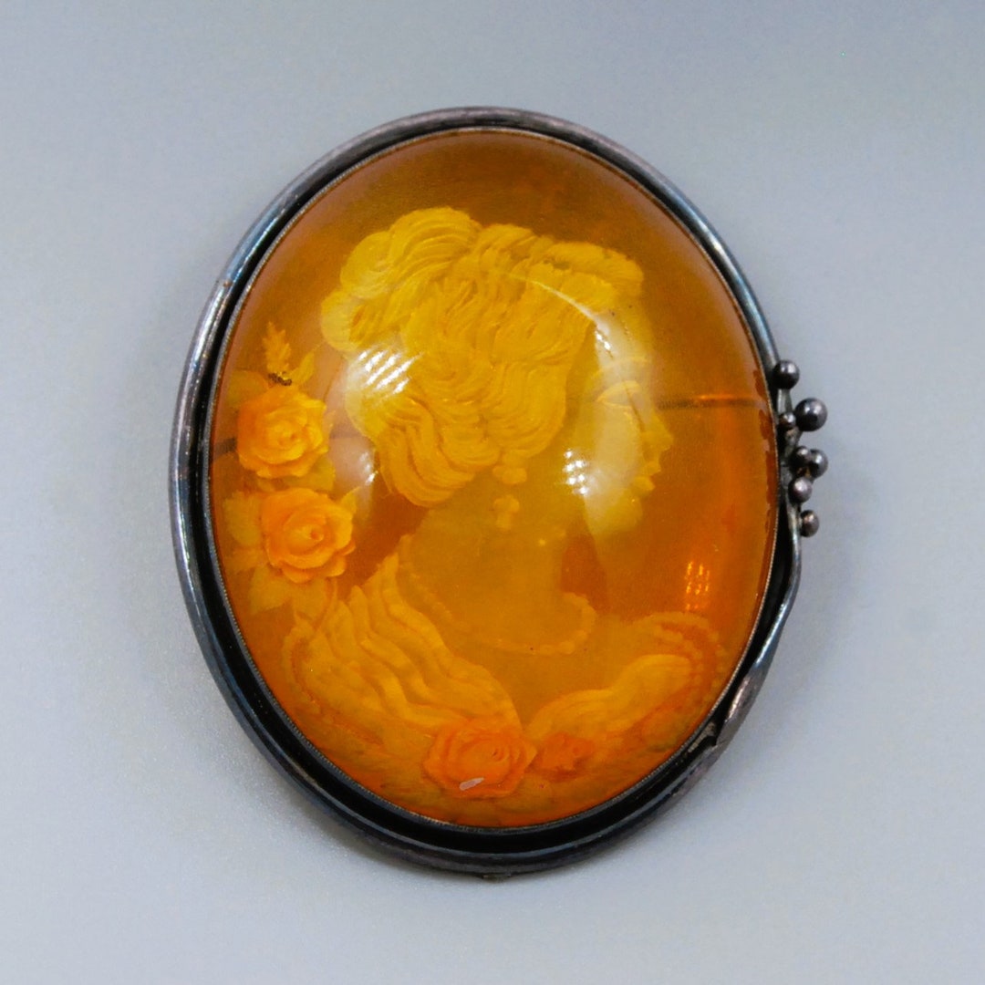 1970's Sterling Silver Reverse Intaglio Carved Lady With Pearls Oval ...