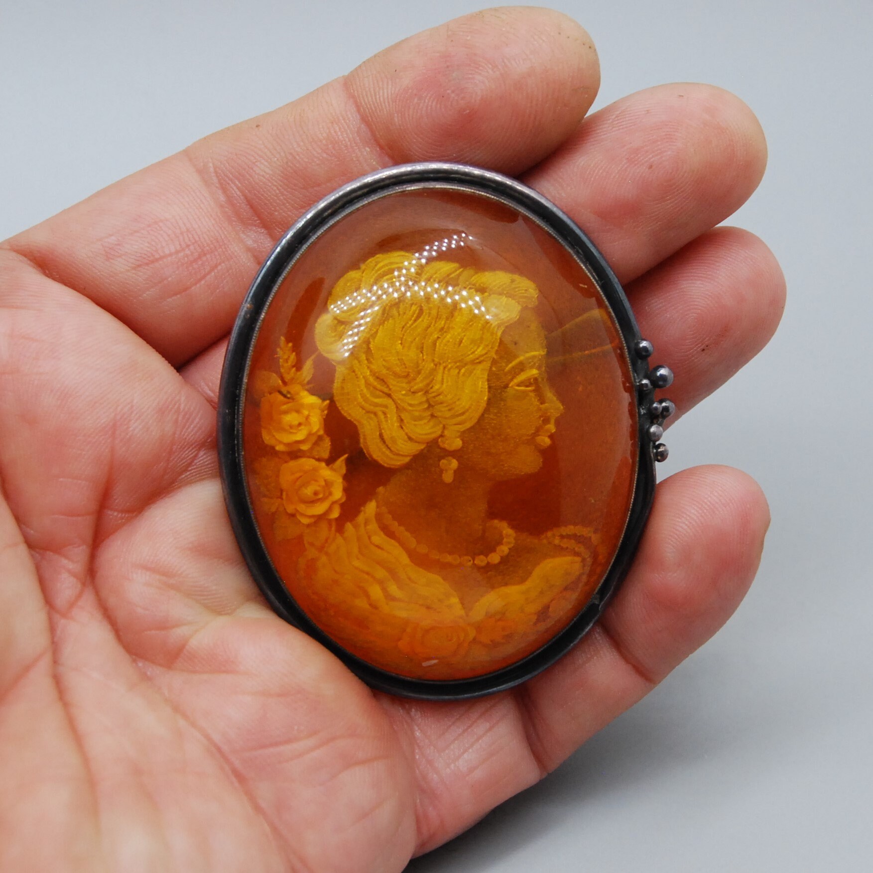 1970's Sterling Silver Reverse Intaglio Carved Lady With Pearls Oval ...