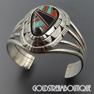 Tom Lewis Navajo Sterling Gemstone Mosaic Inlay Solid Cuff Bracelet - Etsy