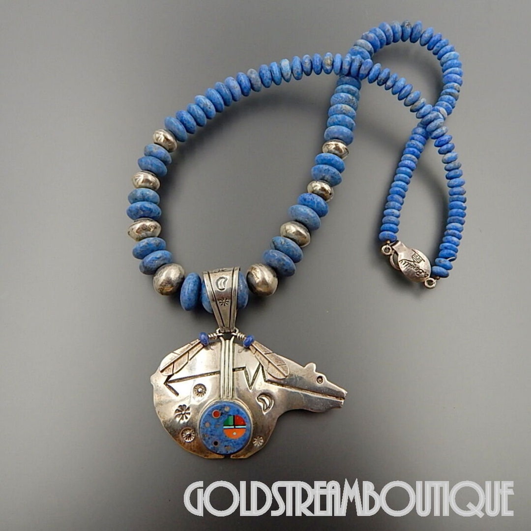Ernest Benally Navajo Sterling Silver Lapis Lazuli Inlay Bear Feather ...