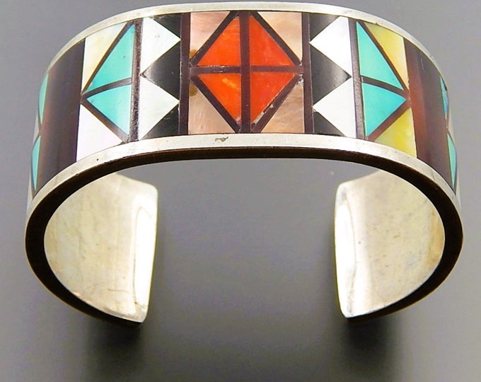 Native American Navajo Signed Tke Sterling Silver Multi Gemstone Mosaic ...