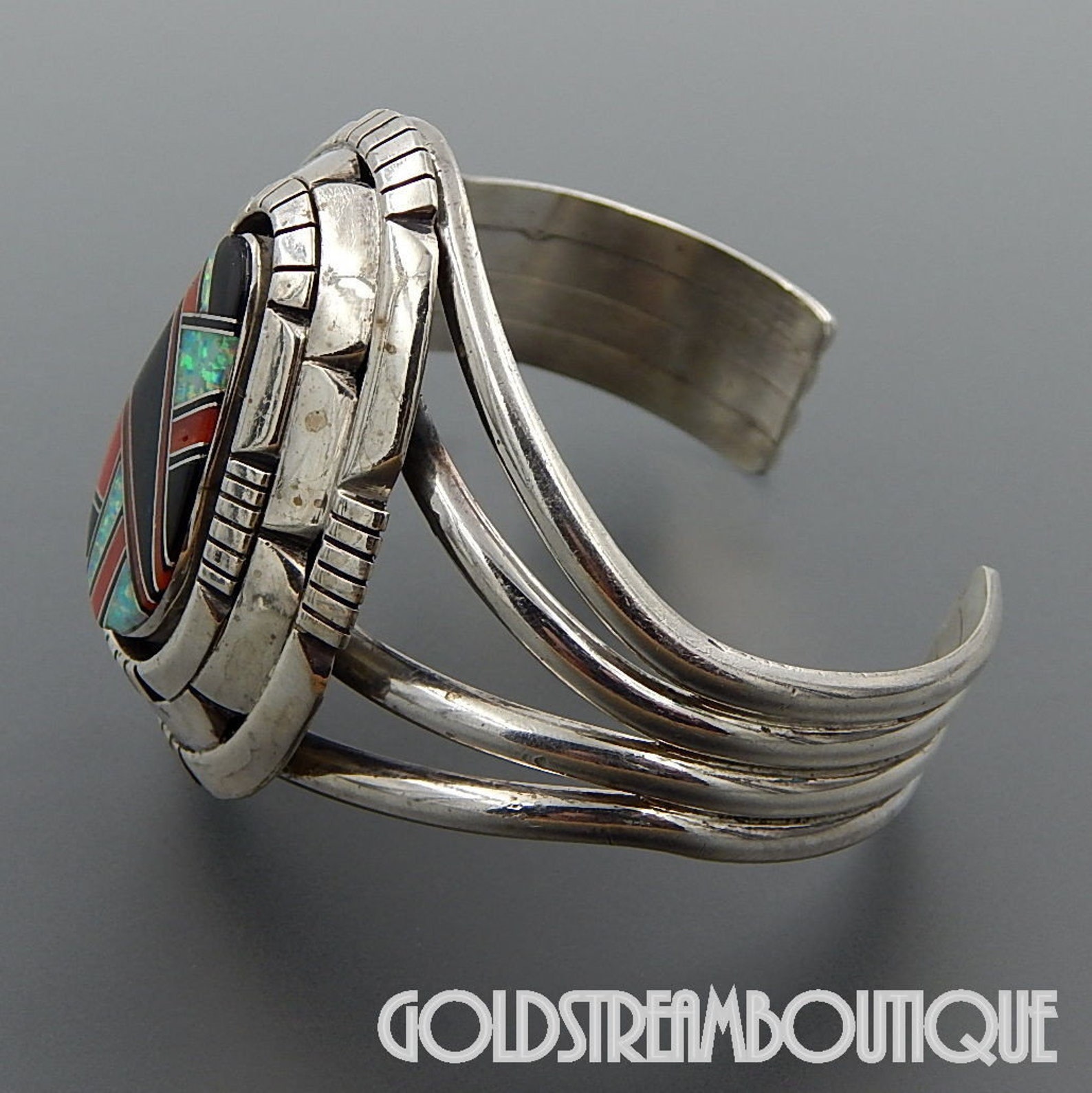 Tom Lewis Navajo Sterling Gemstone Mosaic Inlay Solid Cuff Bracelet - Etsy
