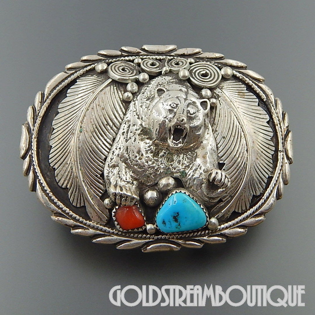 Vintage Oval Grizzly Bear and Turquoise Sterling Silver Feather Belt ...