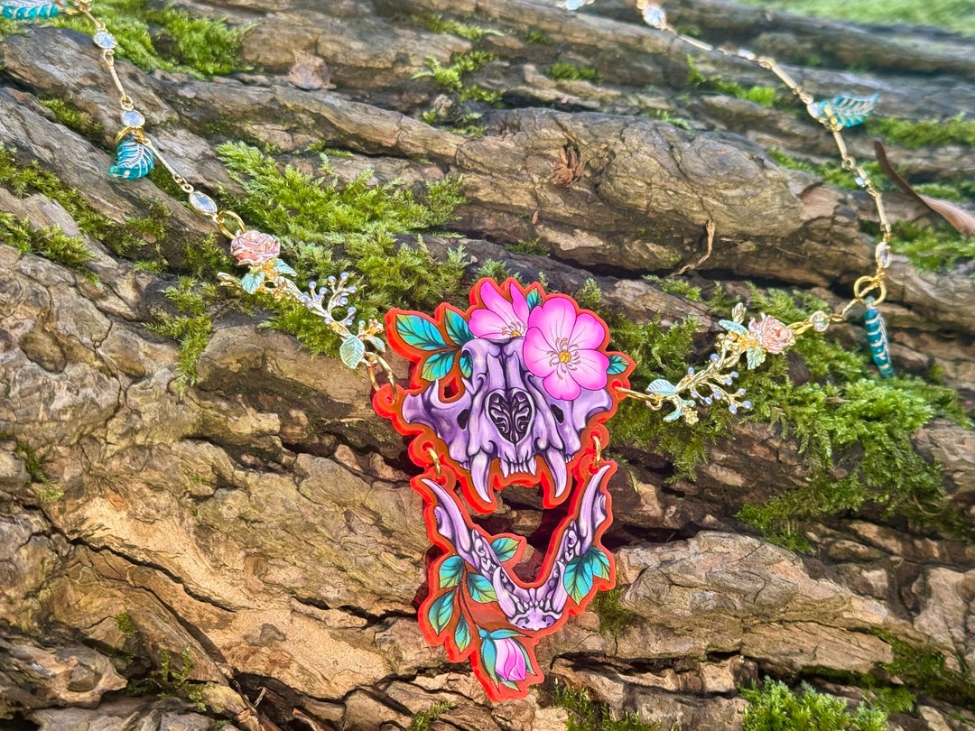 Feral Druid Skull With Wild Roses Acrylic Statement Necklace 52cm - Etsy