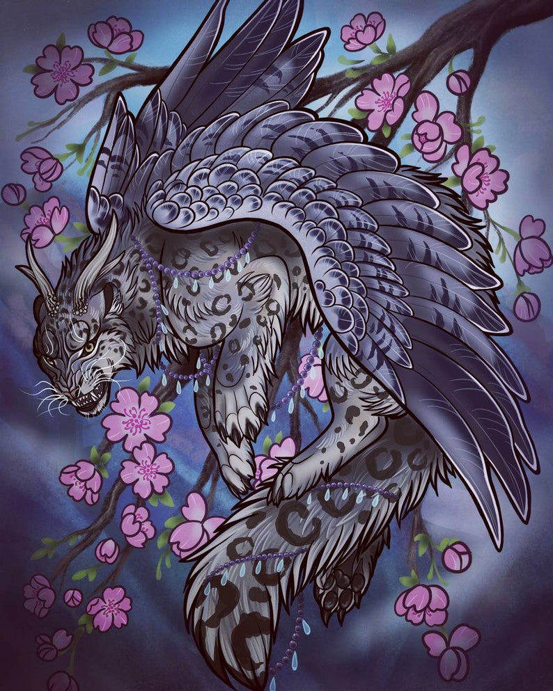 Magical Snow Leopard in Cherry Blossoms Art Print - Etsy