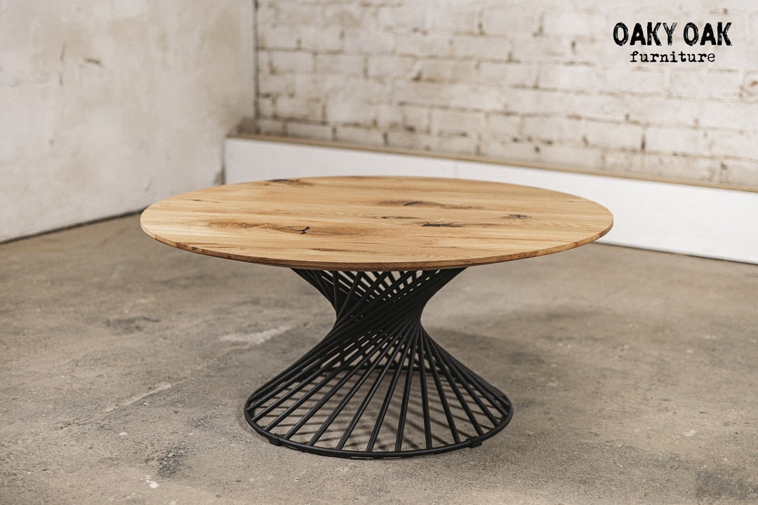 Round Oak Coffee Table, Black Metal Base, Industrial Furniture - Etsy
