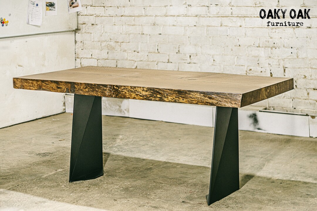 Oak Live Edge Dining Table / Custom Made Solid Oak Dining Table / Wood Furniture / Industrial ...