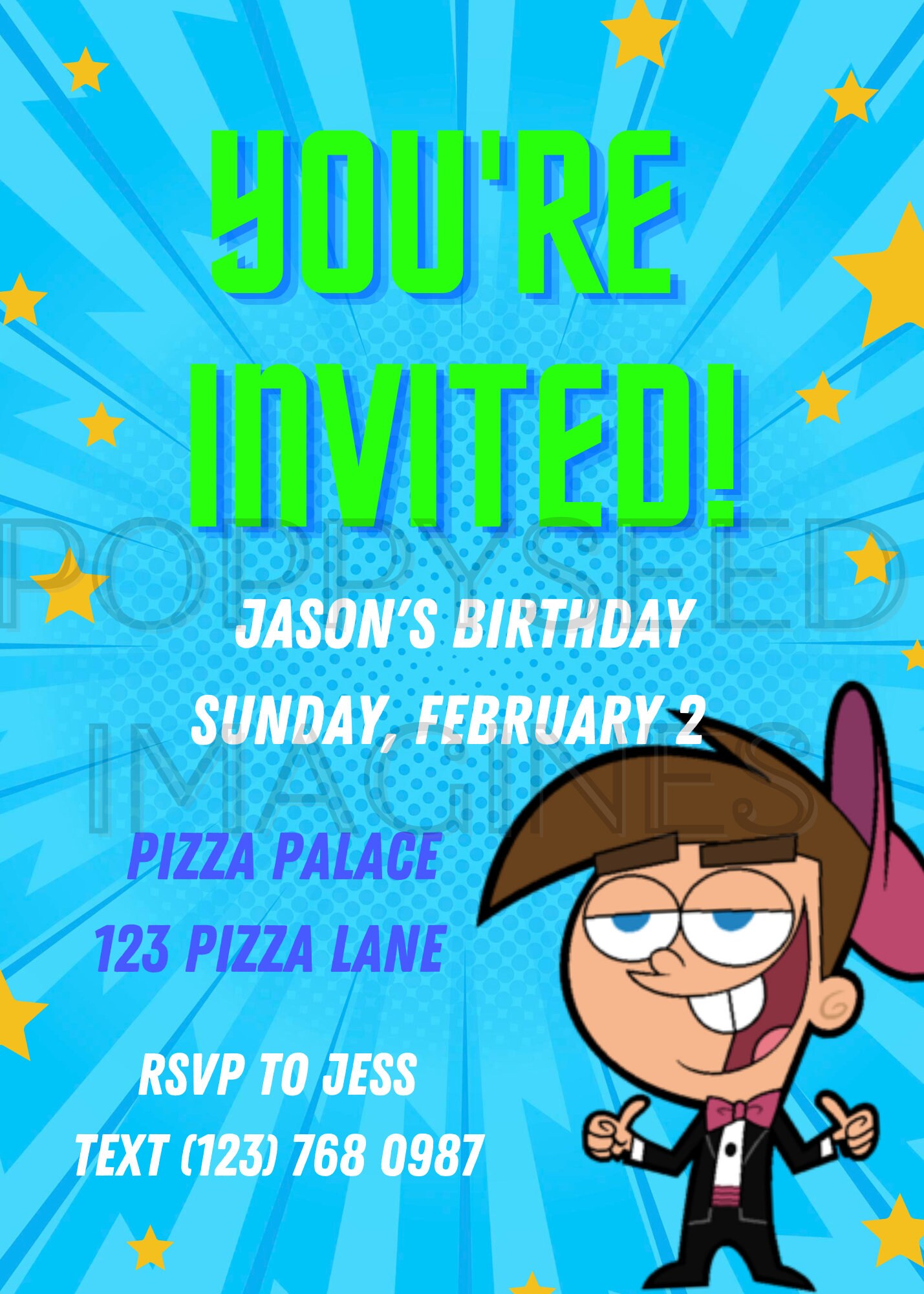 Timmy Turner Fairly Odd Parents Birthday Blue Invitation | Instant ...