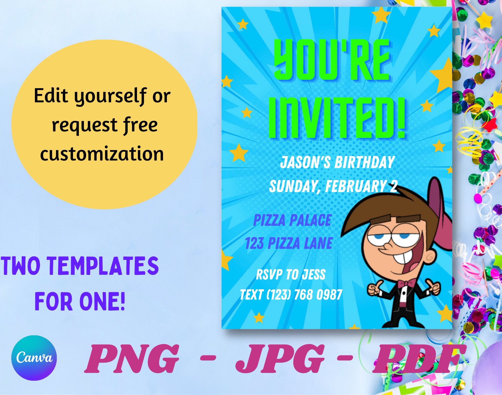 Timmy Turner Fairly Odd Parents Birthday Blue Invitation | Instant ...