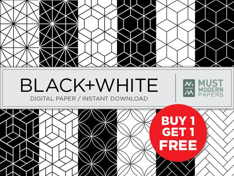 Black and White Digital Paper Pack Geometric Pattern Fine - Etsy
