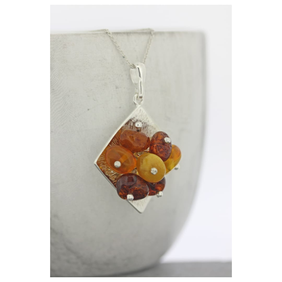 Diamond Amber Pendant Necklace: Sterling Silver, Baltic Amber Beads - Etsy