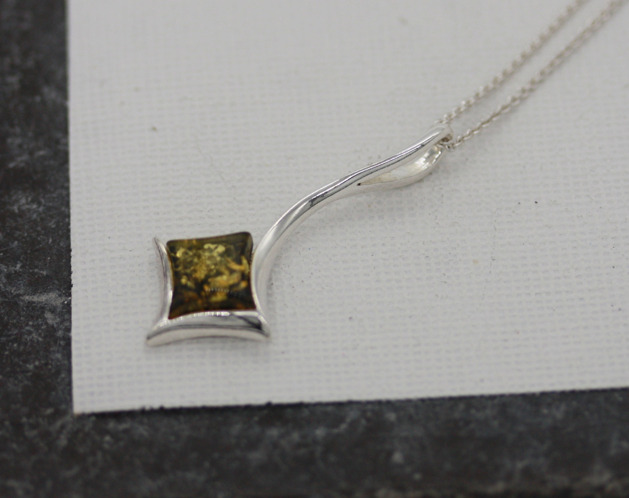Green Amber Pendant / Diamond Shaped Amber Necklace / Sterling | Etsy