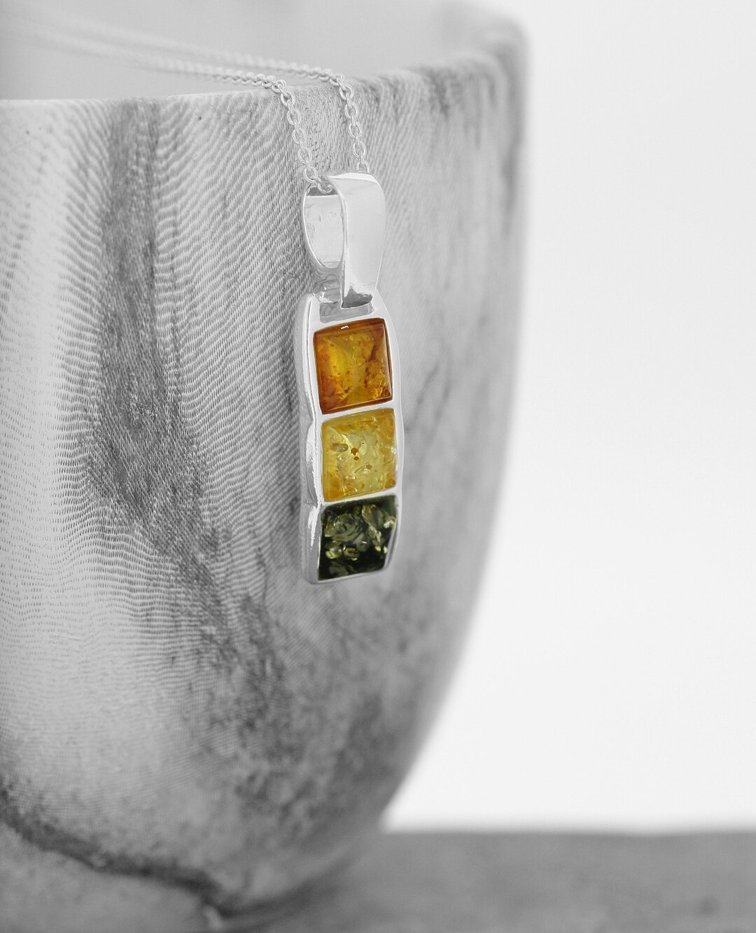 Three Coloured Amber Pendant / Rectangle Amber Pendant / Sterling ...
