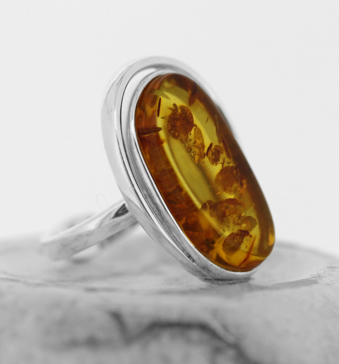 Cognac Amber Ring / Honey Colour Amber Ring Size N / Sterling Silver ...