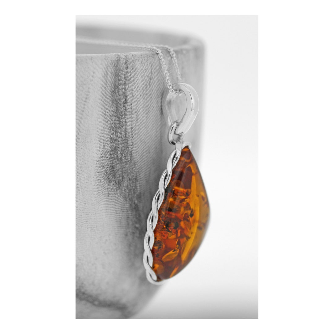 Cognac Amber Pendant / Triangle Shaped Orange Amber / Sterling Silver ...
