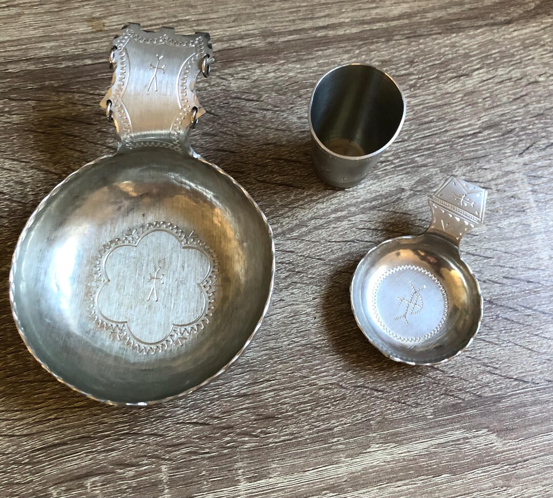 2 Swedish Kuksa Cups and a Small Glass in Tenn / Swedish Handmade Sami ...